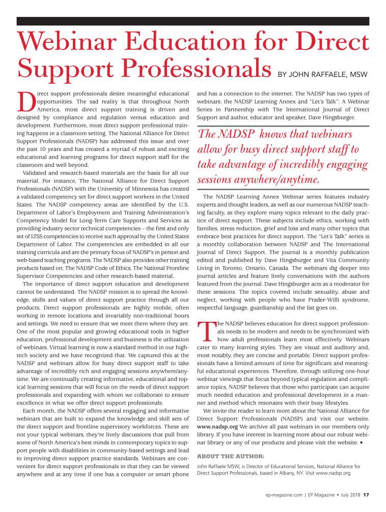 WEBINAR EDUCATION FOR DIRECT SUPPORT PROFESSIONALS